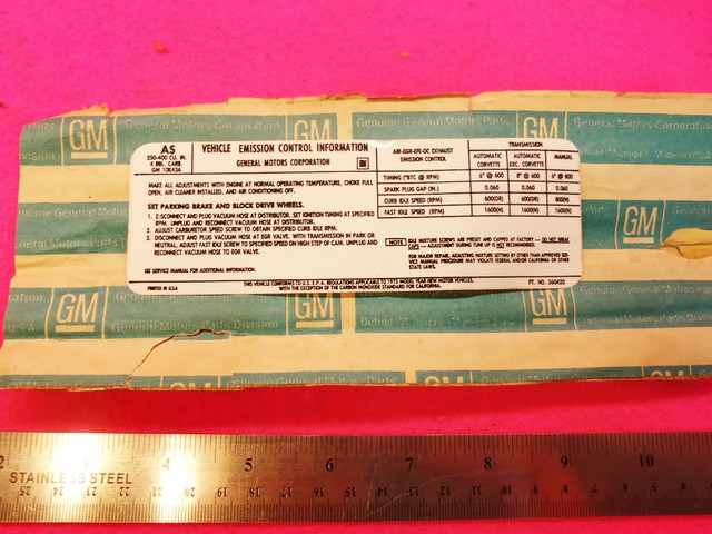 NOS RARE 1975 Corvette L48 350-400 Emission Control Sticker Decal as 75 ...