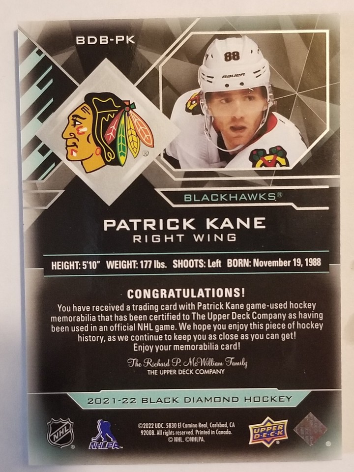 2021-22 Upper Deck Black Diamond Premium Relics PATRICK KANE 3/5 | eBay