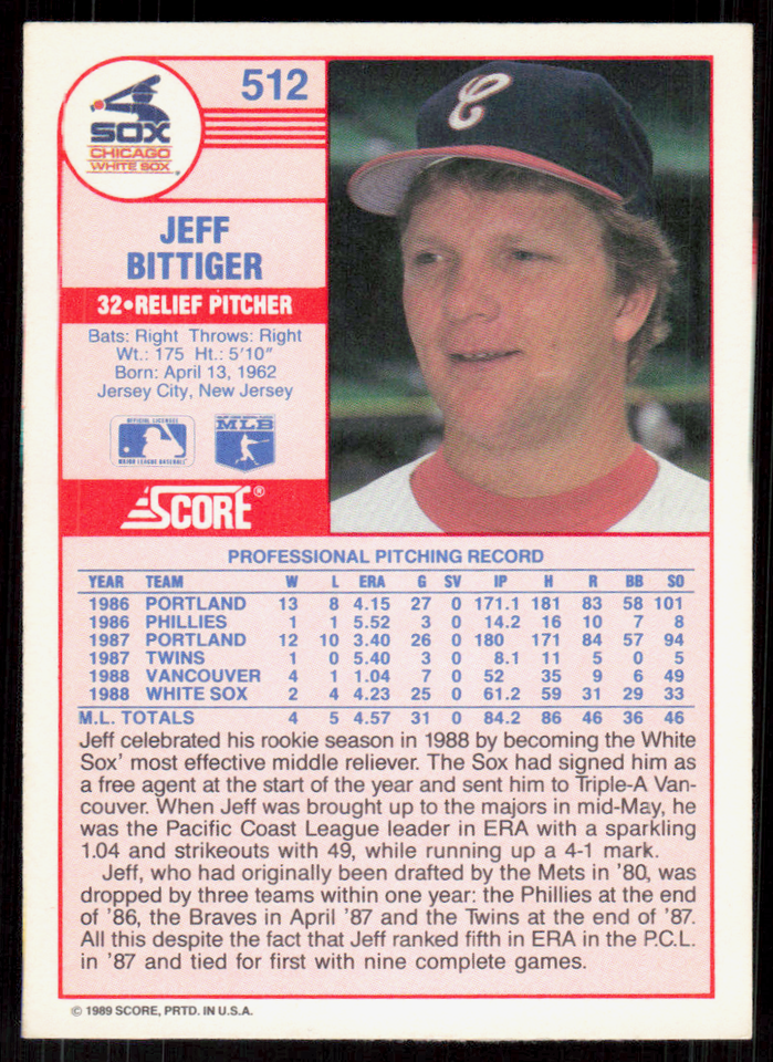 1989 Score 512 Jeff Bittiger Chicago White Sox | eBay
