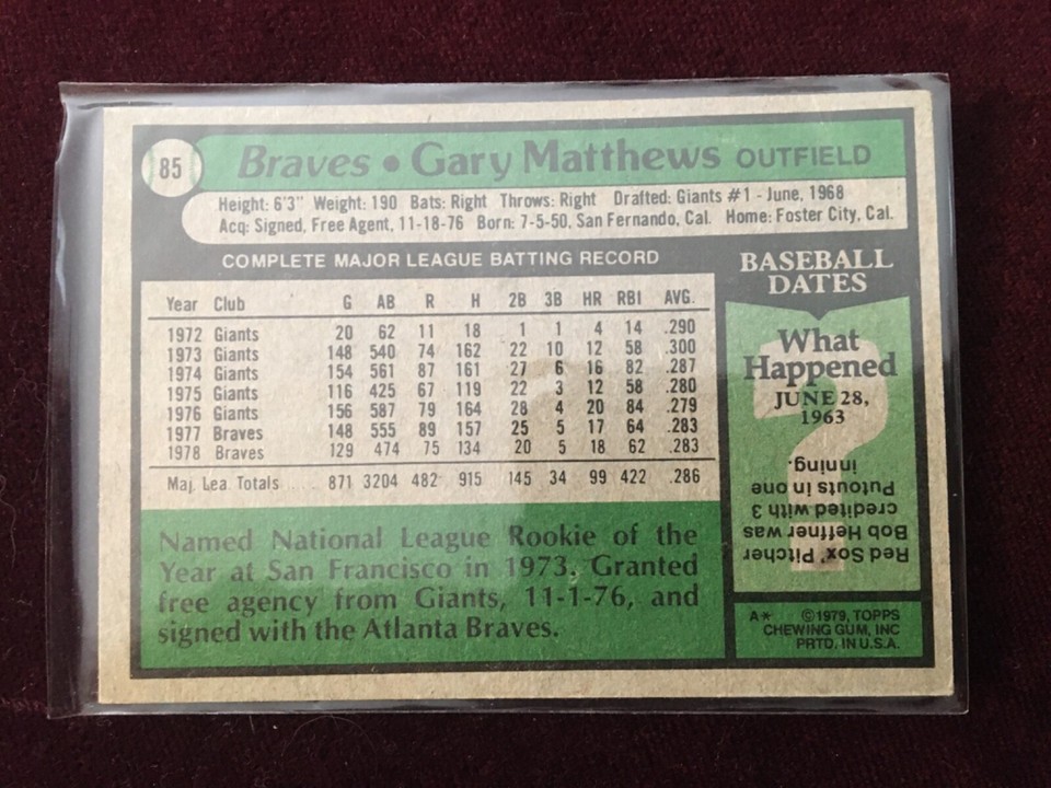 1979 Topps #85 Braves Gary Matthews Baseball Card | eBay