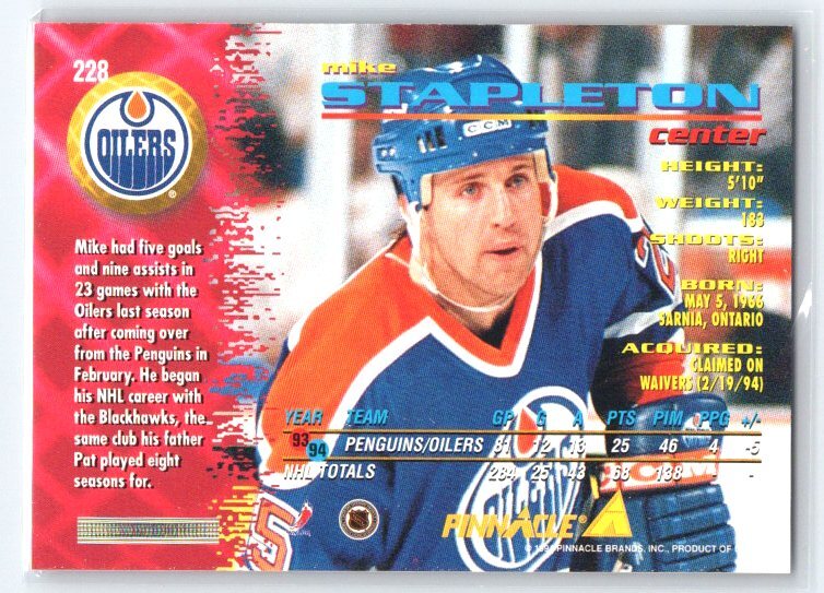 1994 Pinnacle Mike Stapleton #228 RC Rookie Edmonton Oilers | eBay