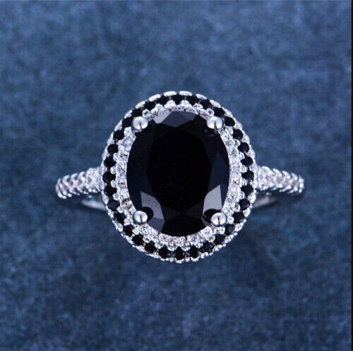 3.50Ct Oval Lab Created Black Diamond Double Halo Ring In 14K White ...