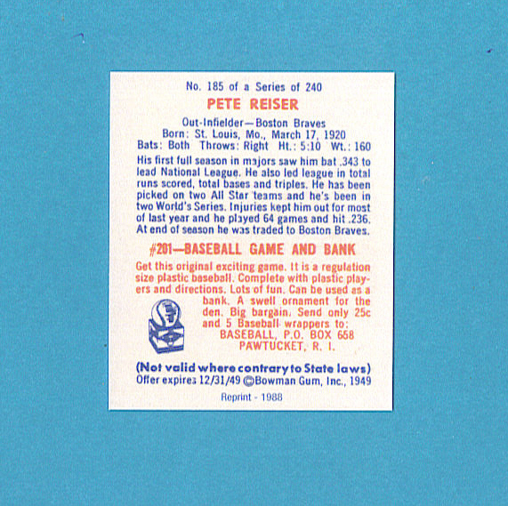 1949 Bowman Reprint #185 Pete Reiser Card - Boston Braves | eBay