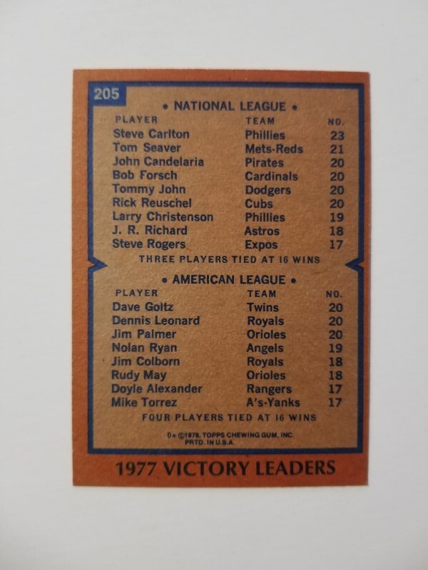 VICTORY LEADERS 1978 TOPPS BASEBALL CARD #205 STEVE CARLTON AND JIM ...