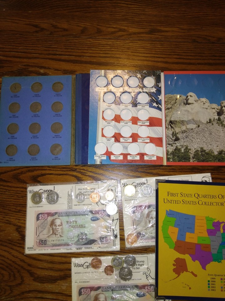 Mixed Lot Coins and Paper Money + Coin Books Quarter + Penny Jamacia ...