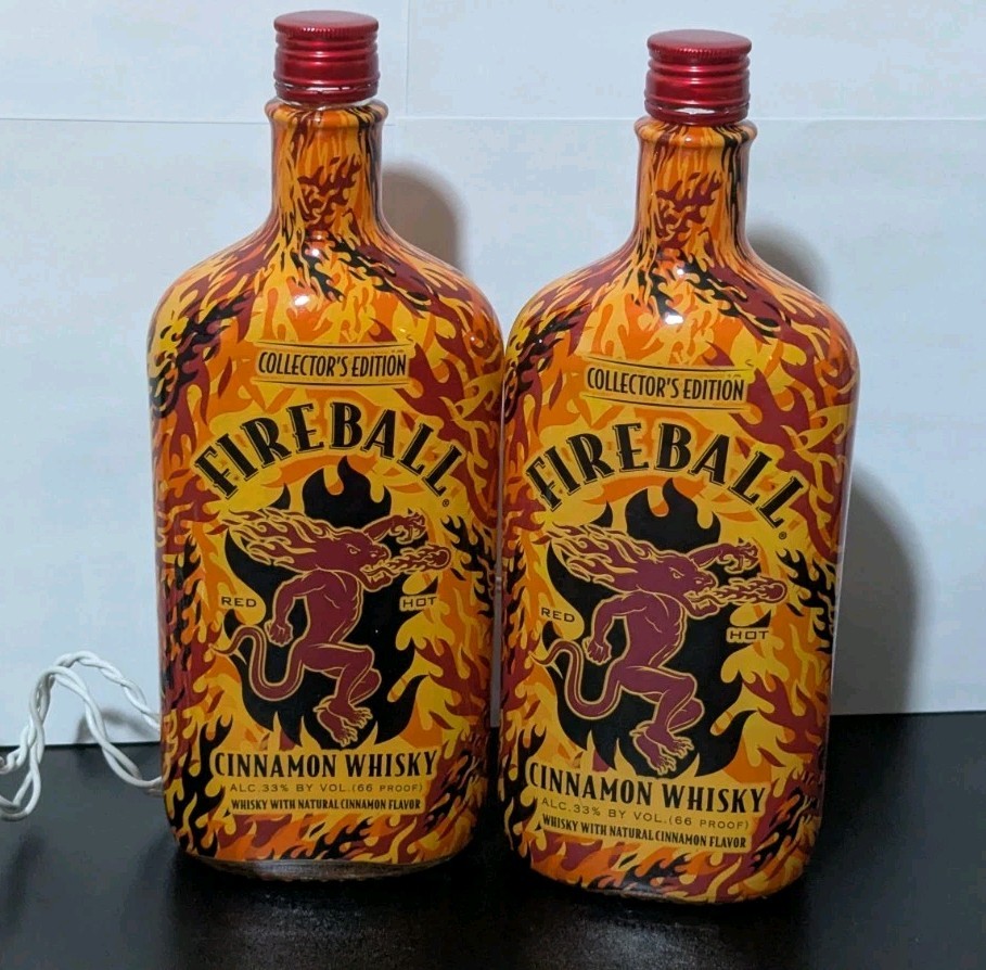Two Empty Fireball Cinnamon Red Hot Whisky Glass Lamp bottle great ...