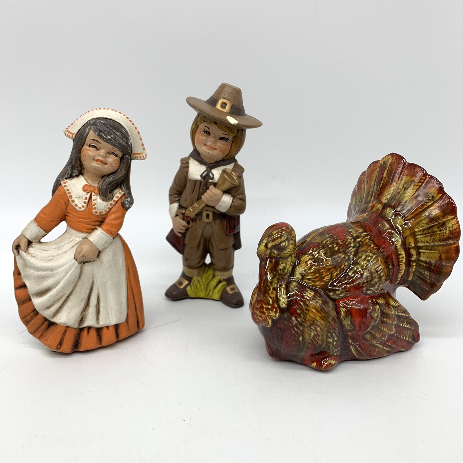 VTG 1970's Hand Painted Ceramic Pilgrims & Turkey - 3 Pc. Thanksgiving ...