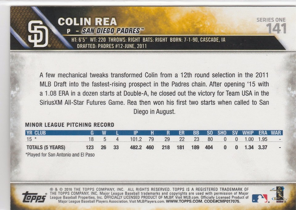 2016 Topps Limited Edition #141 Colin Rea Padres RC Rookie | eBay