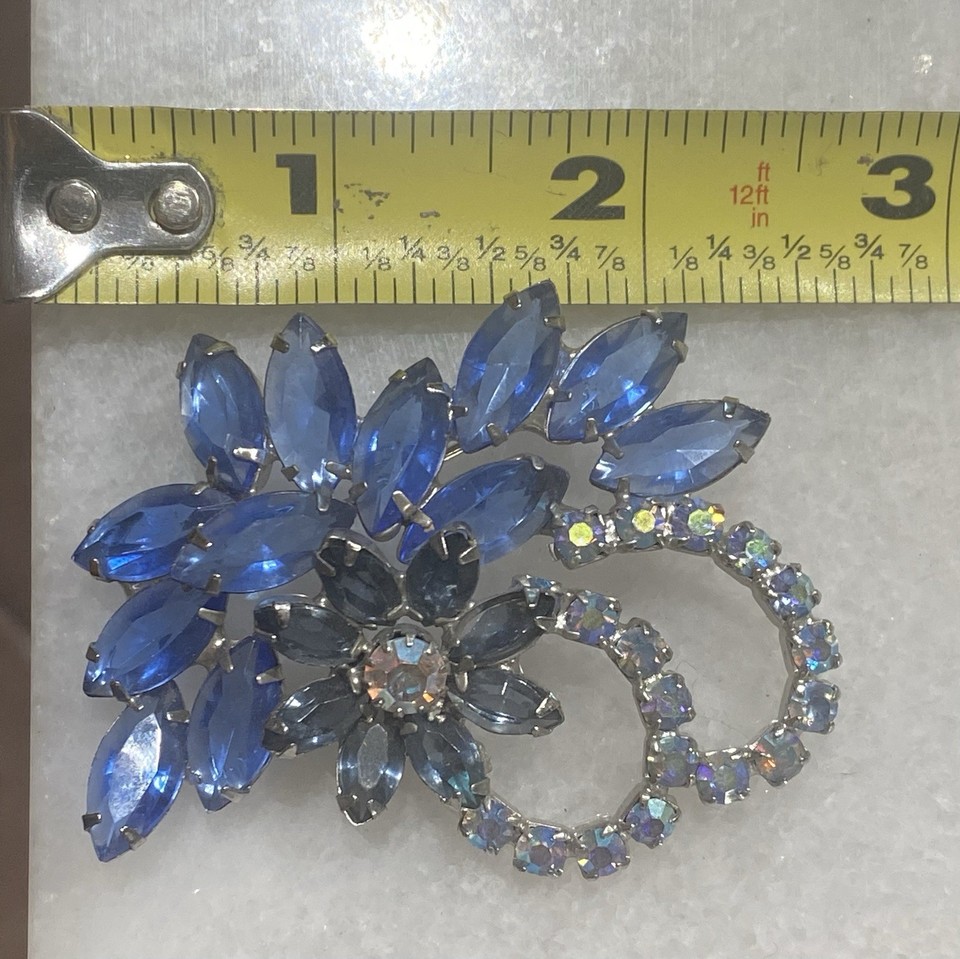 Vintage unique Two Shades Of blue prong set rhinestone Flower pin ...