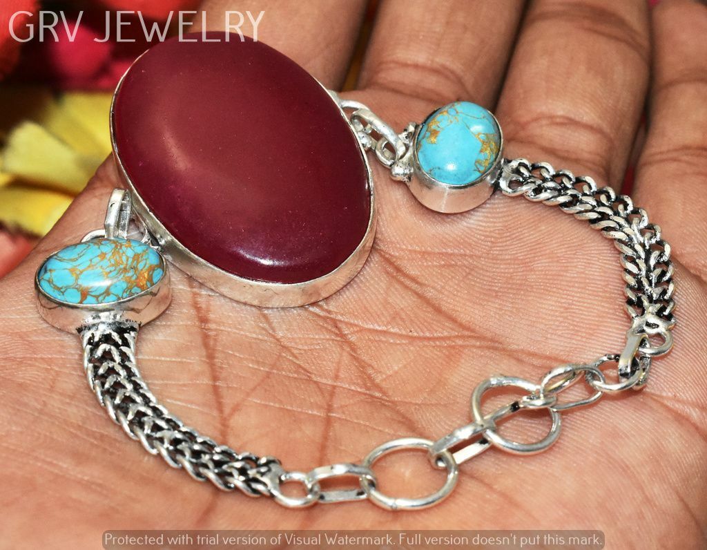 Simulated Ruby Turquoise Bracelet 925 Silver Overlay Size 7"- 8" U267 ...