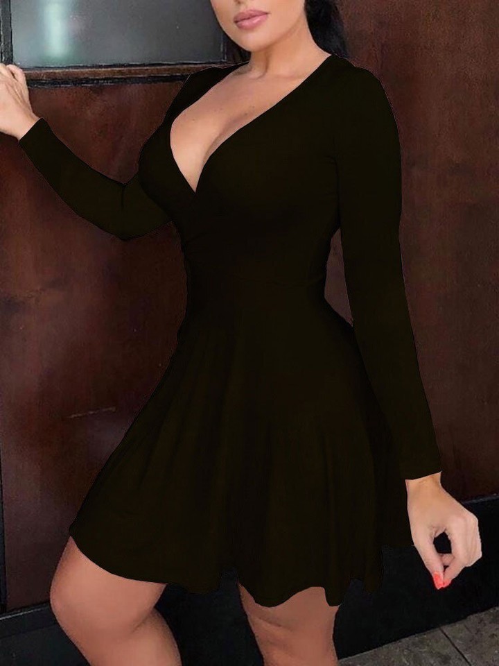 Sexy Women Mini Dress Long Sleeve Deep V Neck Bodycon Swing Party Skater Dress Ebay