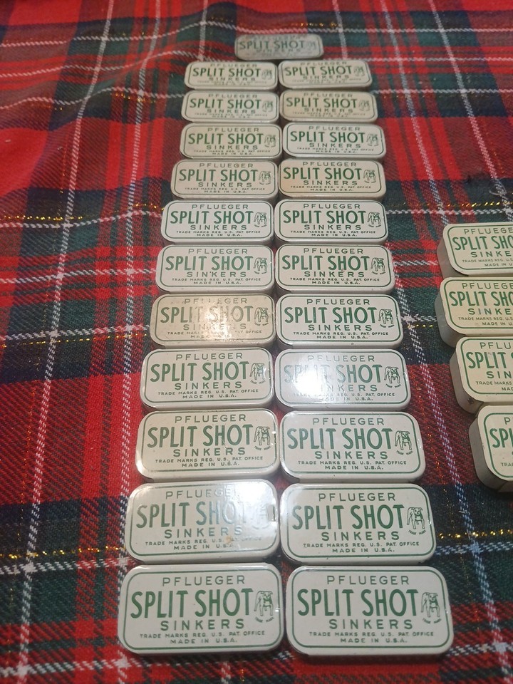 NOS Dealer Box of Pflueger Split Shot Sinkers 39 Tins No 1817 Size 5/0 ...