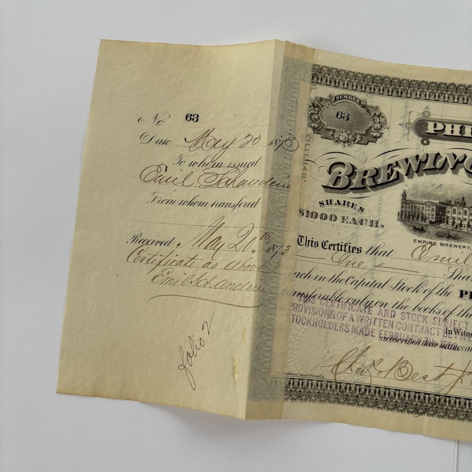 1873 Emil Schandein Issued - Signed Fred Pabst - Phillip Best Brewing ...