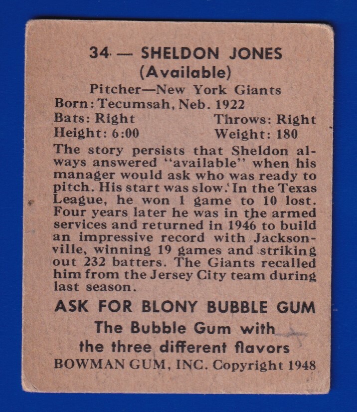 SHELDON JONES ROOKIE giants 1948 BOWMAN SP #34 GOOD/VERY GOOD | eBay