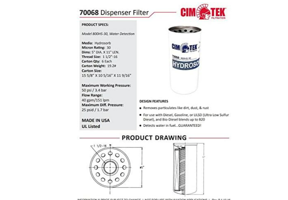 CIM-TEK 70068- 800-HS30- Hydrosorb Water Detection Filter with 30 ...