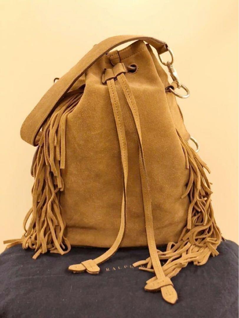 Ralph Lauren Fringe Drawstring Ricky Bag Suede Leather Brown Ralph Lauren Fringe Drawstring Ricky Bag Suede Leather Brown