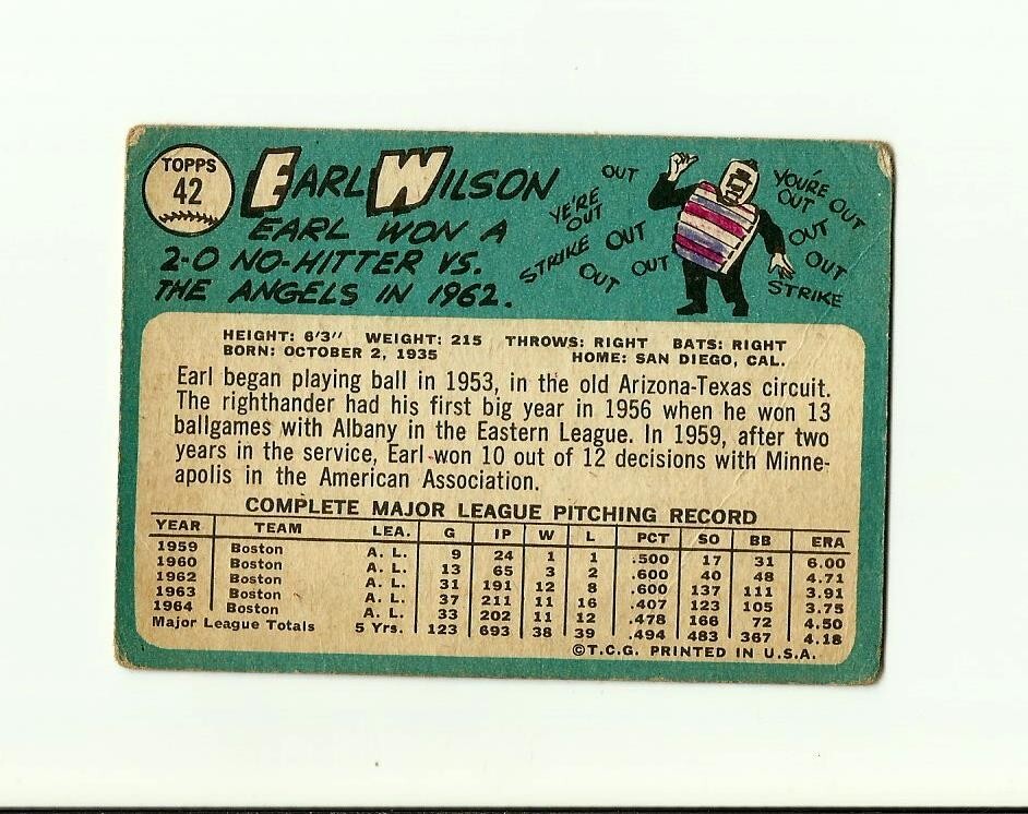 1965 TOPPS #42 Earl Wilson: Boston Red Sox: Pitcher: Baseball Card: MLB ...