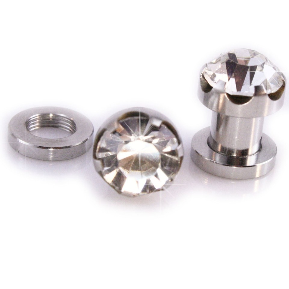 Prong Set CZ Screw Gem Plug Stainless Steel Gauges PAIR 4G 2G 0G 00G 11 ...