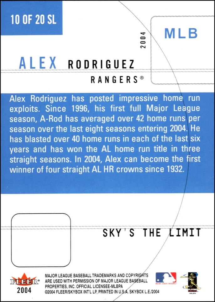 2004 SkyBox LE #10 Alex Rodriguez Sky's the Limit Texas Rangers | eBay