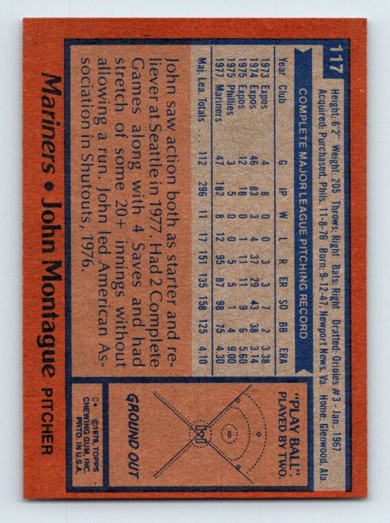 JOHN MONTAGUE Seattle Mariners 1978 Topps Baseball Card B185 | eBay