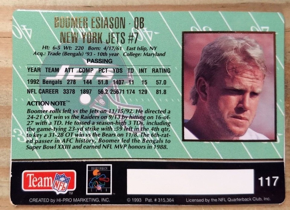 1993 ACTION PACKED BOOMER ESIASON CARD#117 NMMT CINCINNATI BENGALS NEW YORK JETS | eBay