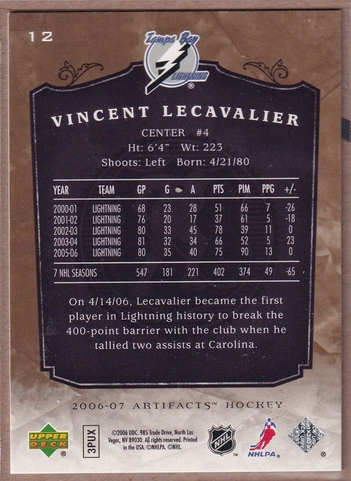 2006-07 Artifacts Gold #12 Vincent Lecavalier /50 - Tampa Bay Lightning ...