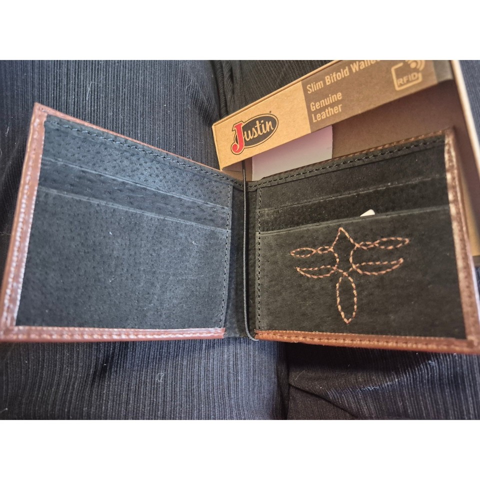 Justin Slim Bifold Genuine Leather Wallet RFID Brown Western Stitch | eBay
