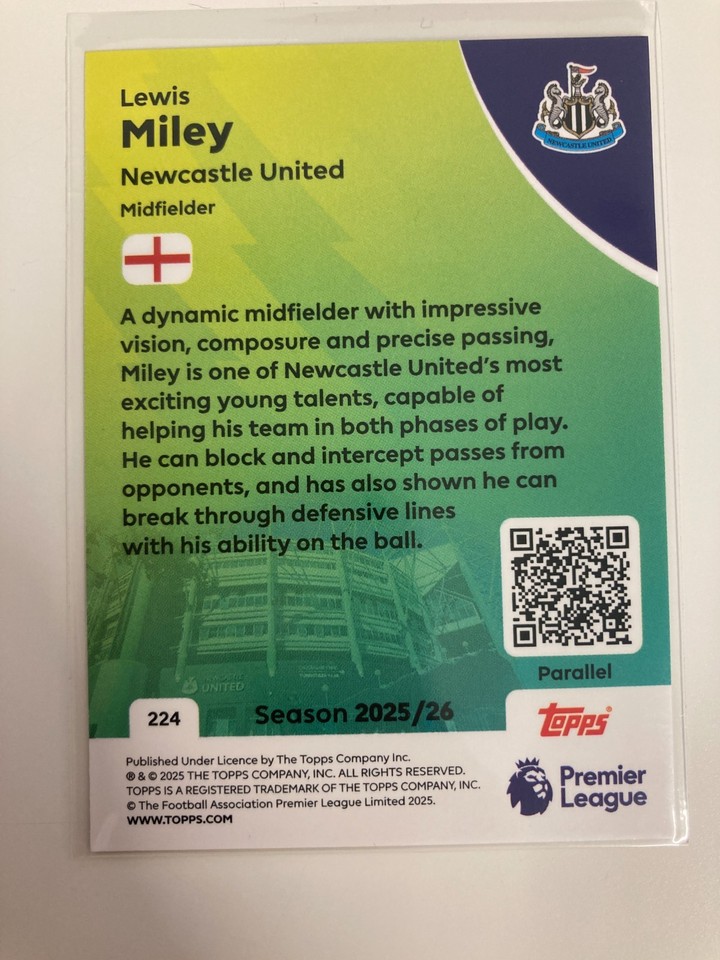 TOPPS PREMIER LEAGUE 2026 LEWIS MILEY NEWCASTLE UNITED BLUE PARALLEL ...