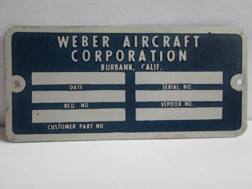Weber Aircraft Name Plate P/N WSF73132 New Data Plate Free Shipping | eBay