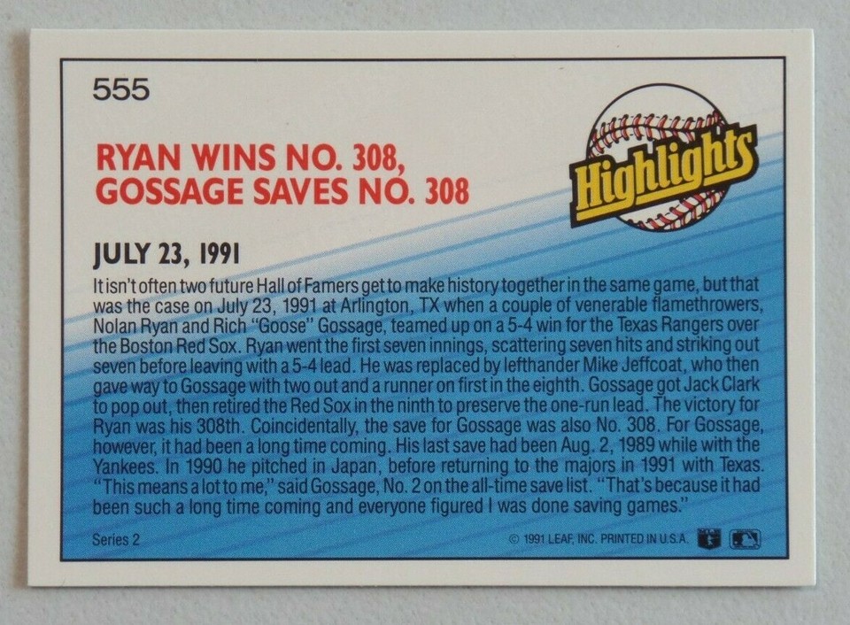 1992 NOLAN RYAN & GOOSE GOSSAGE #555 Donruss Highlights Baseball Card ...