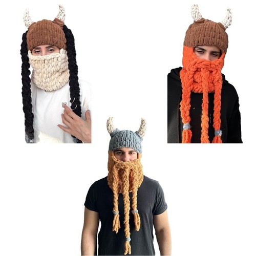 Halloween Party Hat with Horn Beard Knit Balaclava Hat Teens Adults ...