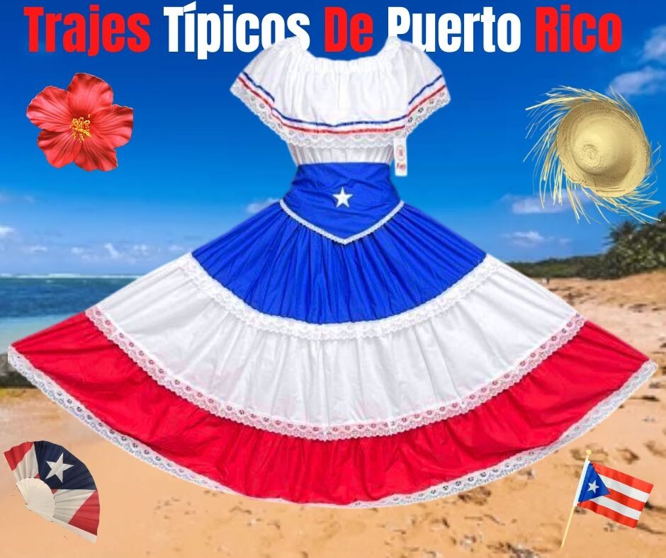 Puerto Rican Flag Skirt Set & Star Belt 3PC Traje Típico Jíbara Boricua ...