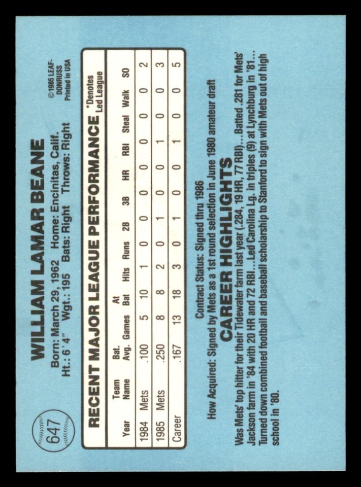 1986 Donruss #647 Billy Beane Rookie Card RC | eBay