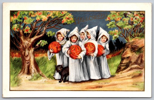 Post Card - Vintage Halloween - Trick or Treat Children Black Cat Jack ...