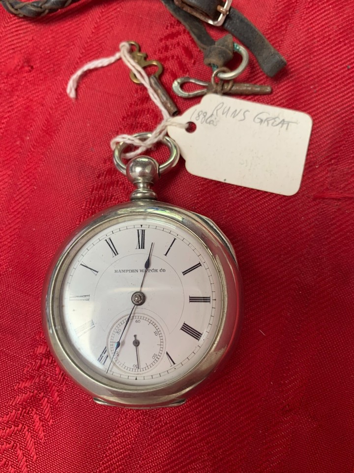 HAMPDEN WATCH CO. MODEL 1 KEY WIND KEY SET 'SILVERINE' CASE. 1886. RUNS ...