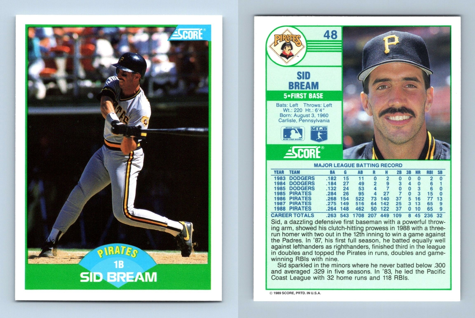 Sid Bream - Pirates #48 Score 1989 Baseball Trading Card | eBay