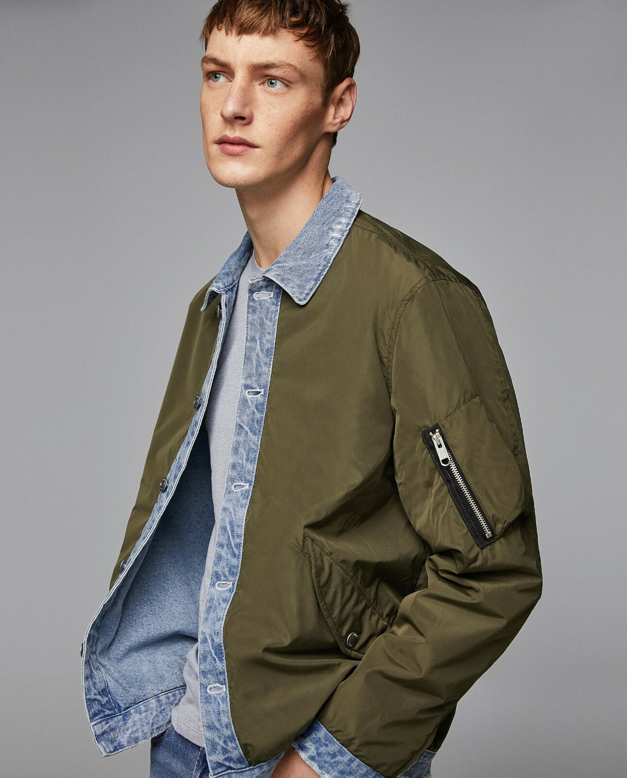 Mens Zara Man Denim Flight Jacket.S Army Green Olive bomber colorblock ...