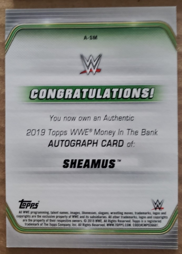 2019 TOPPS WWE MONEY IN THE BANK SHEAMUS AUTO AUTOGRAPH SIGNED CARD ...
