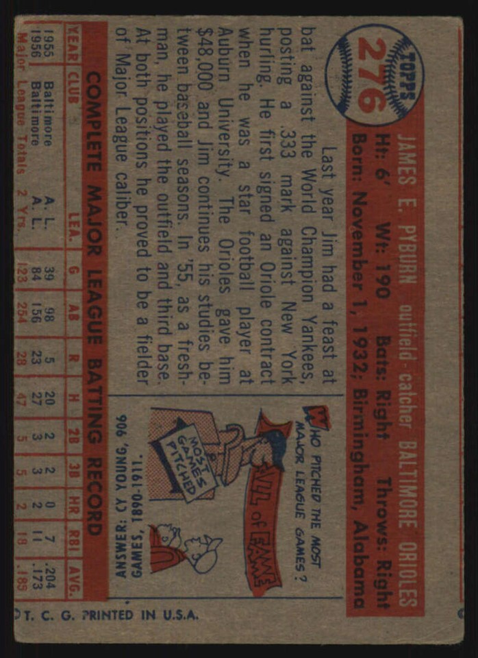 1957 Topps #276 Jim Pyburn G RC Rookie Orioles 568127 | eBay