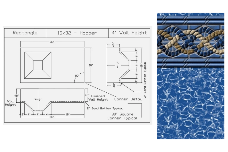 16' x 32' Rectangle 7½' Deep End Swimming Pool Liner for use w/ Kayak ...