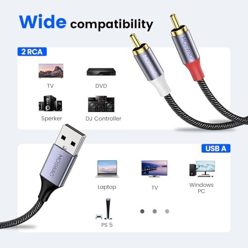 USB to RCA Audio Cable, USB 2.0 Male to 2 RCA Male Stereo Audio Cable ...