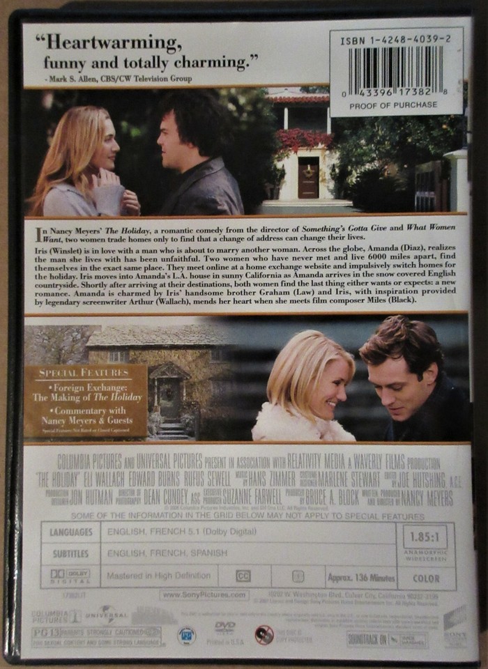 The Holiday (DVD, 2007) Widescreen Jude Law Cameron Diaz Jack Black ...