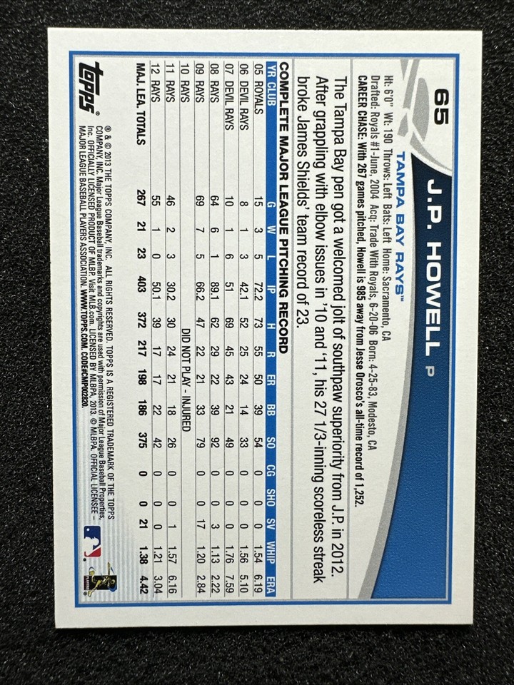 J.P. HOWELL #65 2013 Topps Series 1 Baseball QTY Tampa Bay Rays | eBay