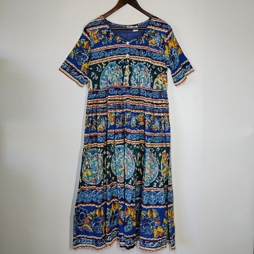 La Cera Midi Kaftan Muumuu Dress Floral Tile Boho Cottage Sundress Size ...