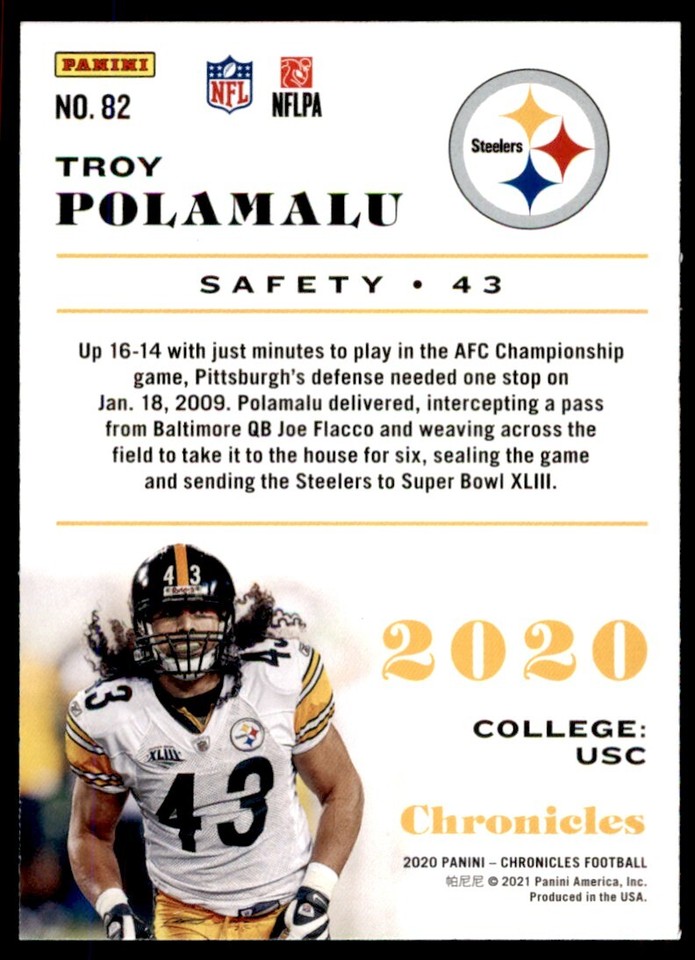 2020 Panini Chronicles Troy Polamalu Pittsburgh Steelers #82 | eBay