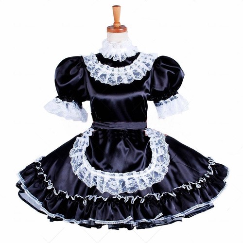 Sexy Sissy Girl Maid Mini Black Satin Lockable Dress Cosplay Costume