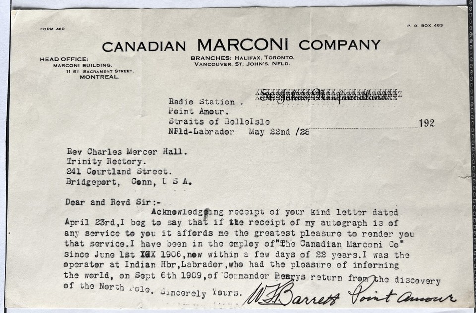 RCA SARNOFF CANADIAN MARCONI RADIO TELEGRAPHER BARRETT POINT AMOUR ...