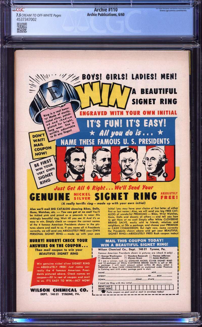 ARCHIE COMICS #110 CGC 7.5 CR/OW PAGES // SINGLE HIGHEST GRADED 1960 | eBay