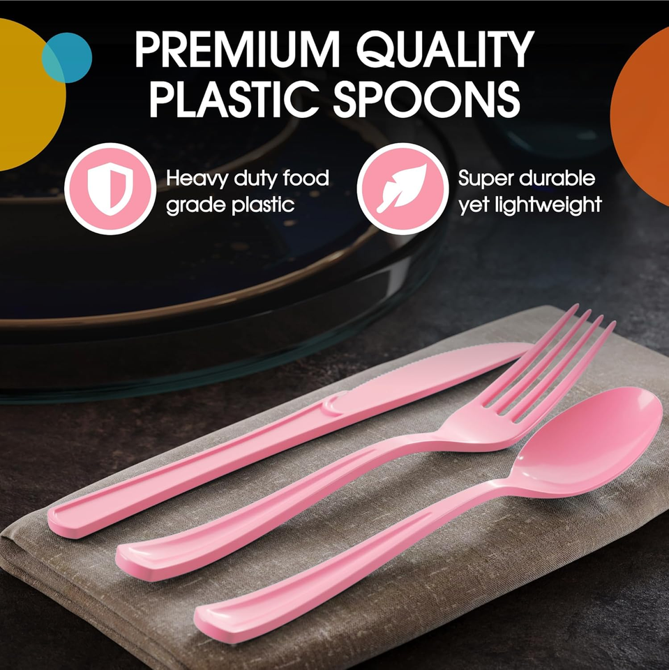 Pink Plastic Spoons 50 Pcs Pink Spoons Disposable Utensils Heavy Duty ...