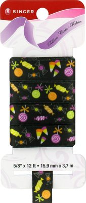 (2) Singer 5/8" x 12 ft Satin Ribbon Trick or Treat Print, Black - New ...